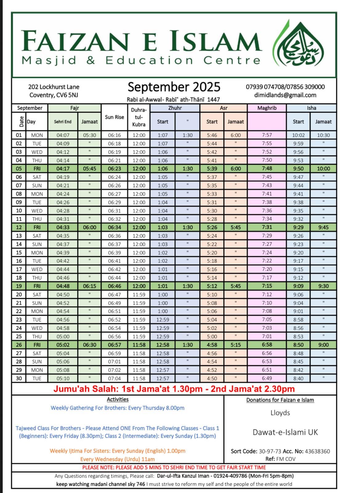Prayer Time Table – Dawateislami Midlands UK